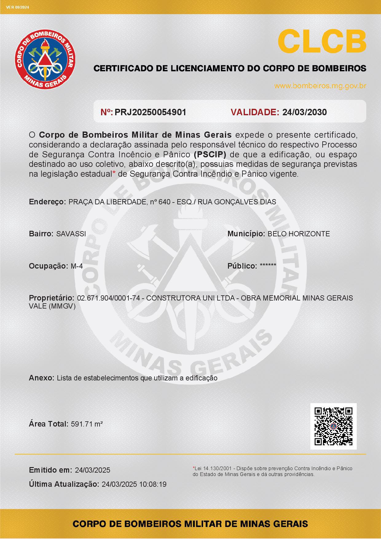 Certificado de Licenciamento do Corpo de Bombeiros CLCB - BH / Minas Gerais